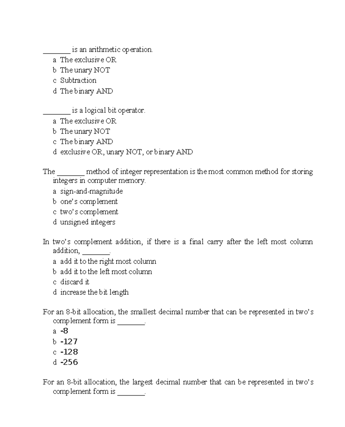 Review 2 - _______ is an arithmetic operation. a The exclusive OR b The ...