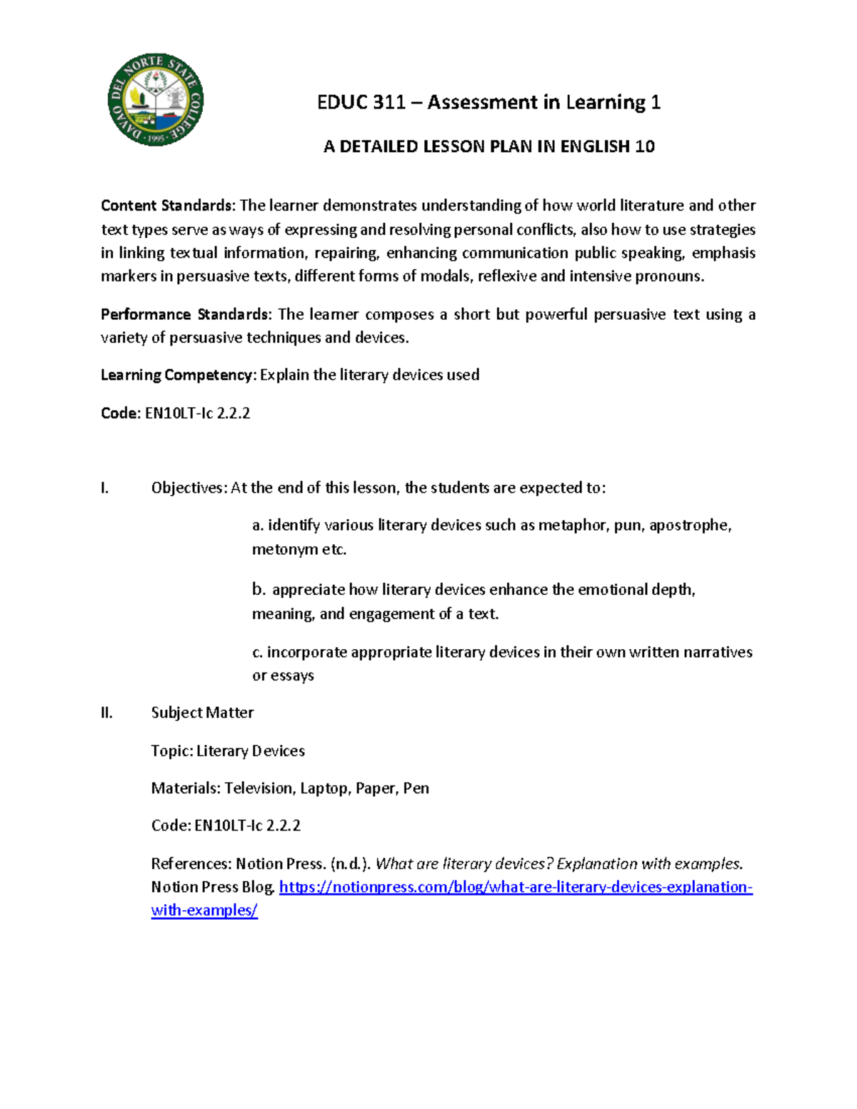 Literary Devices - Detailed Lesson PLAN ( Arojado) - A DETAILED LESSON ...