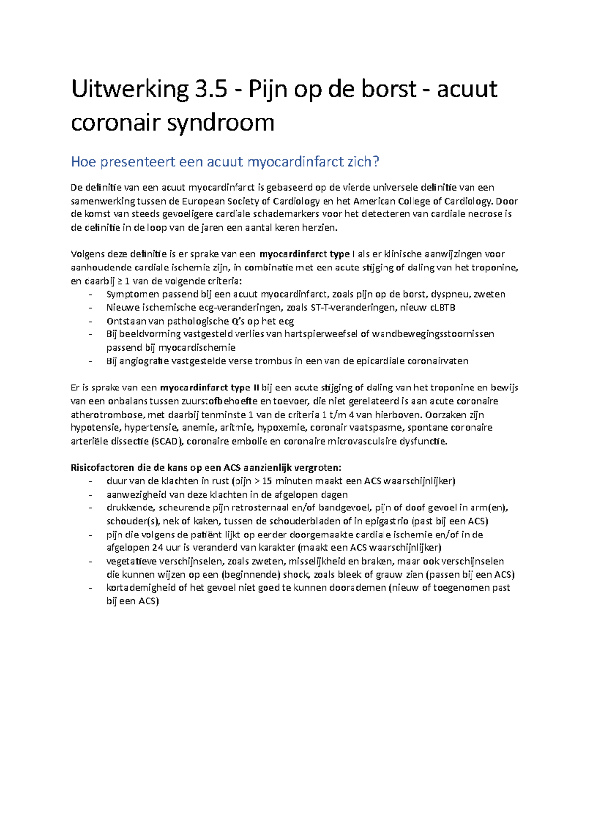 Uitwerking 3.5 - Acuut Coronair Syndroom en Myocardinfarct Analyse ...