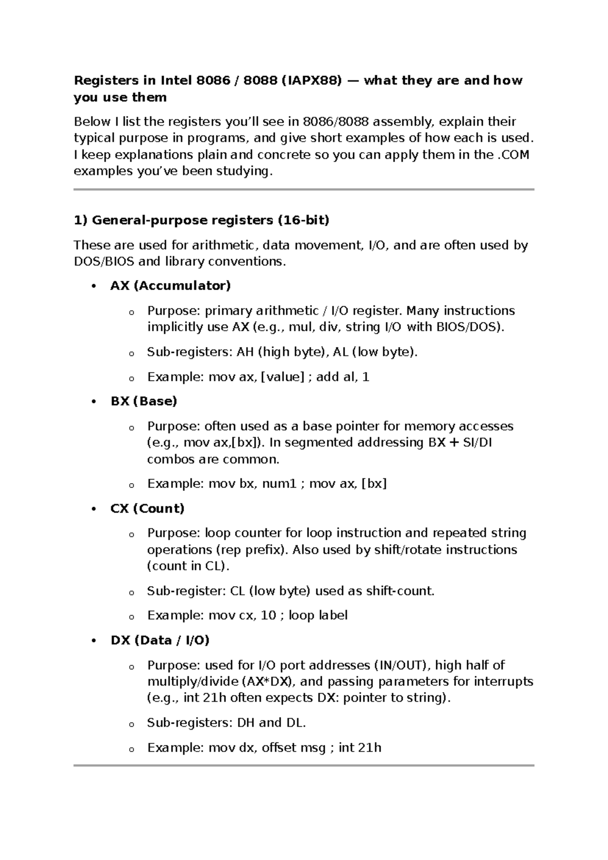 Registers in Intel 8086/8088 Assembly Language: Usage & Examples - Studocu