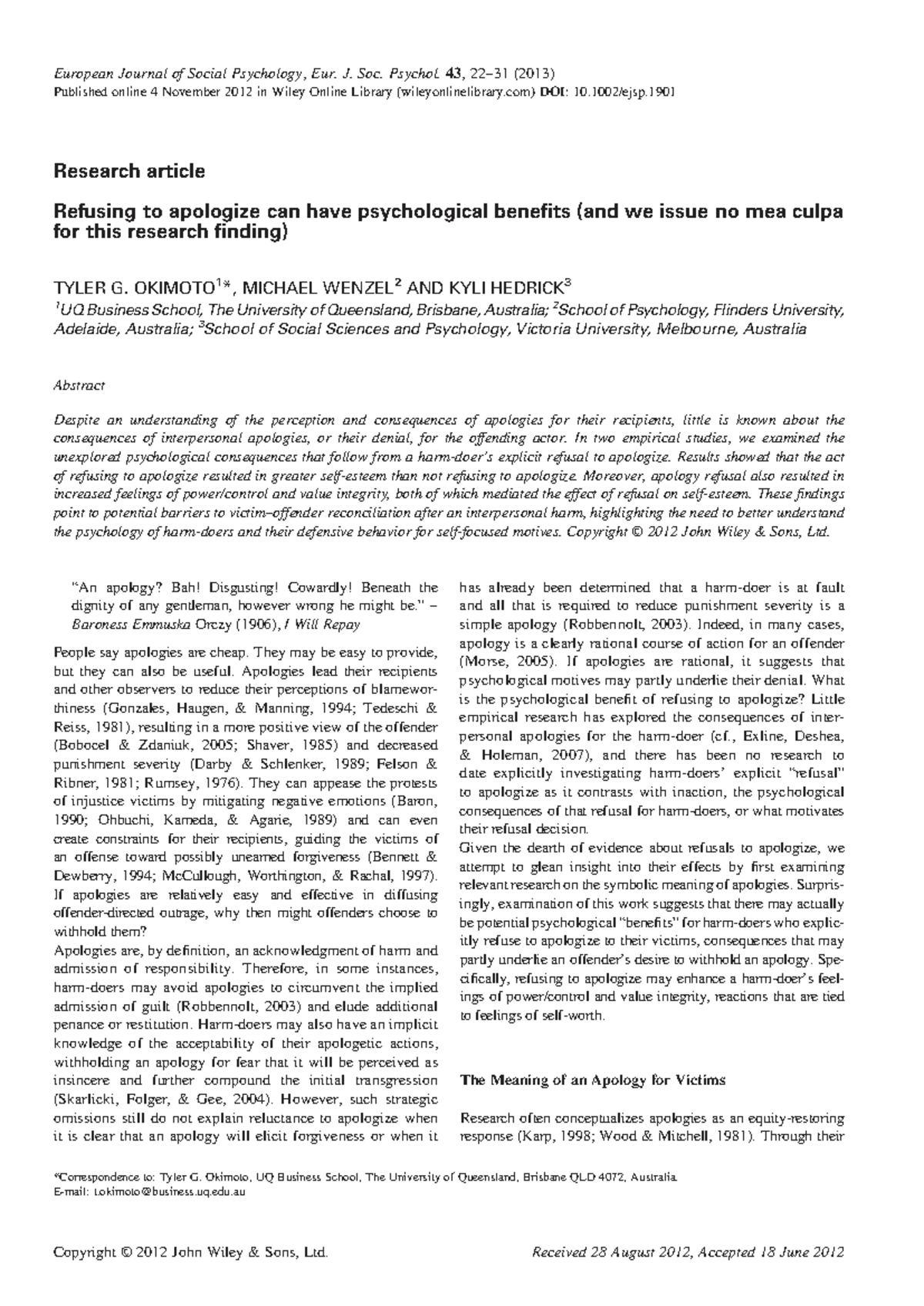 Refusal to Apologize: Psychological Benefits and Power Dynamics in ...