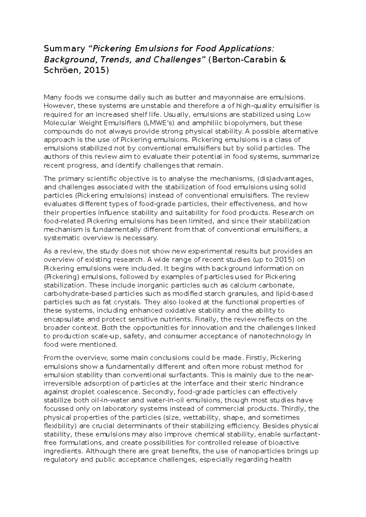 Food Structuring Assignment: Review of Pickering Emulsions in Food ...