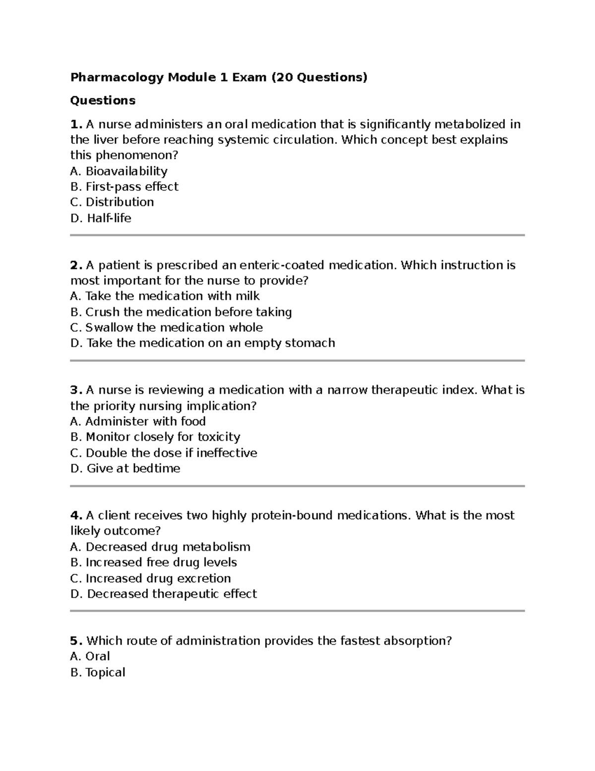Pharmacology Module 1 Final Exam Practice Questions (20 Items) - Studocu