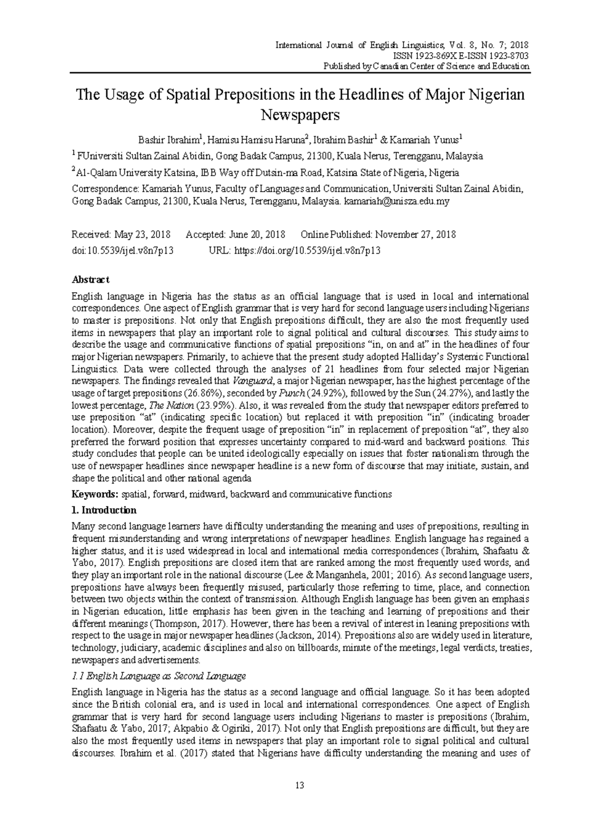The Usage of Spatial Prepositions in Nigerian Newspaper Headlines: A ...