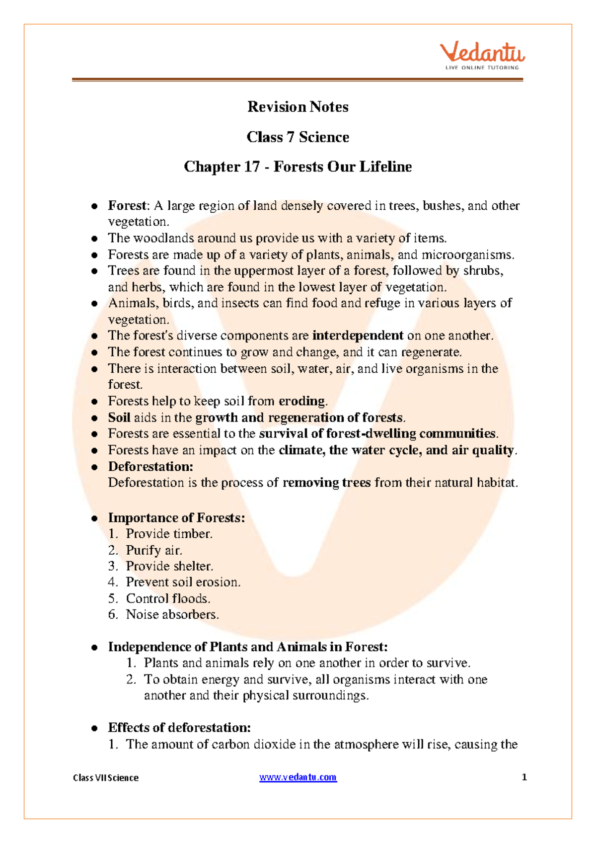 CBSE Class 7 Science Revision Notes: Chapter 17 - Forests Our Lifeline ...