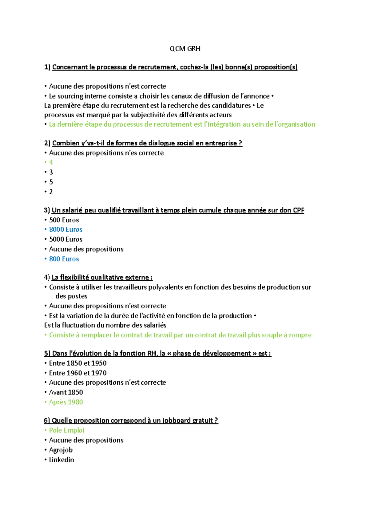 QCM GRH - Questions et Réponses sur le Recrutement et la Gestion des Ressources - Studocu