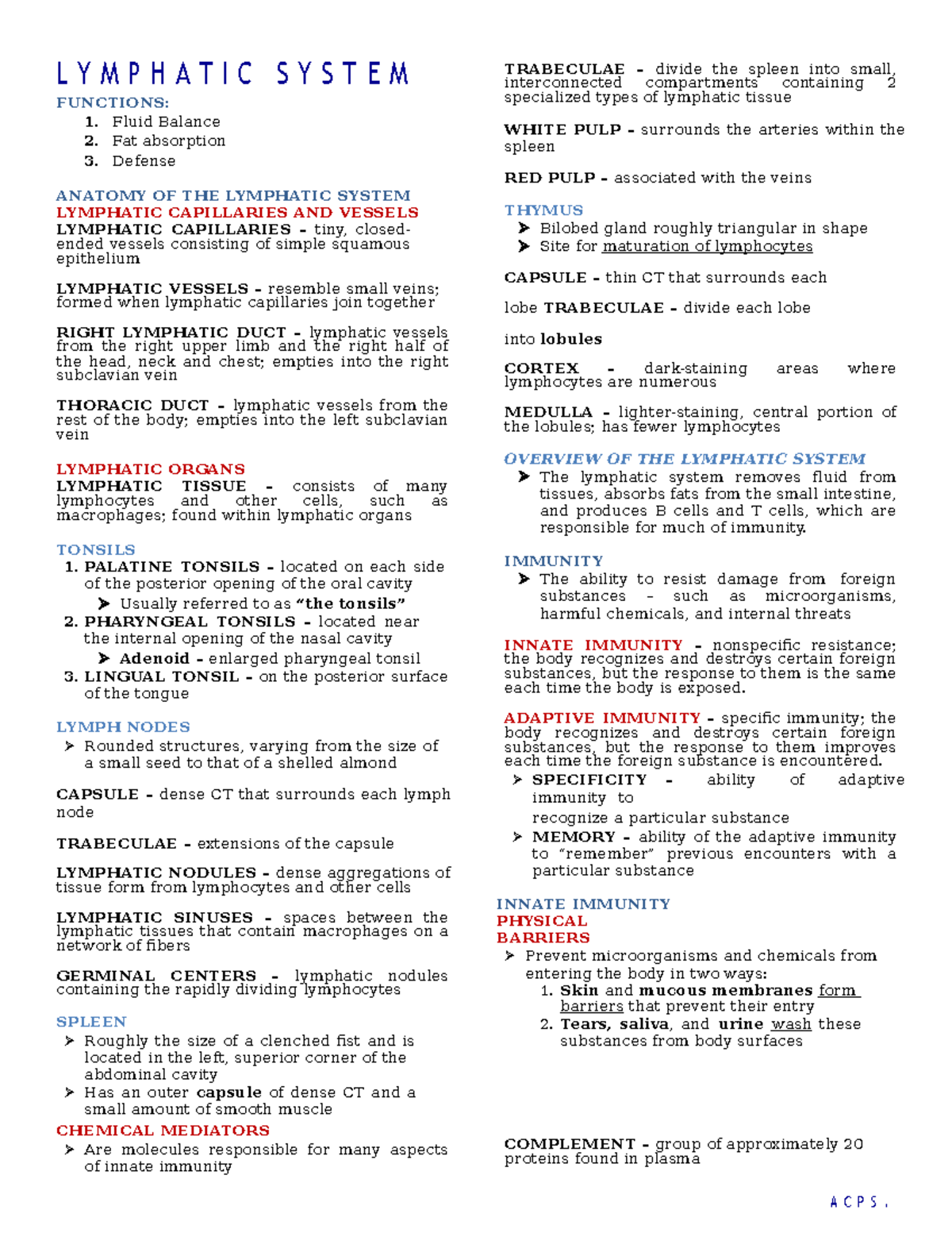 14-Lymphatic-System - Notes - A C P S. L Y M P H A T I C S Y S T E M ...
