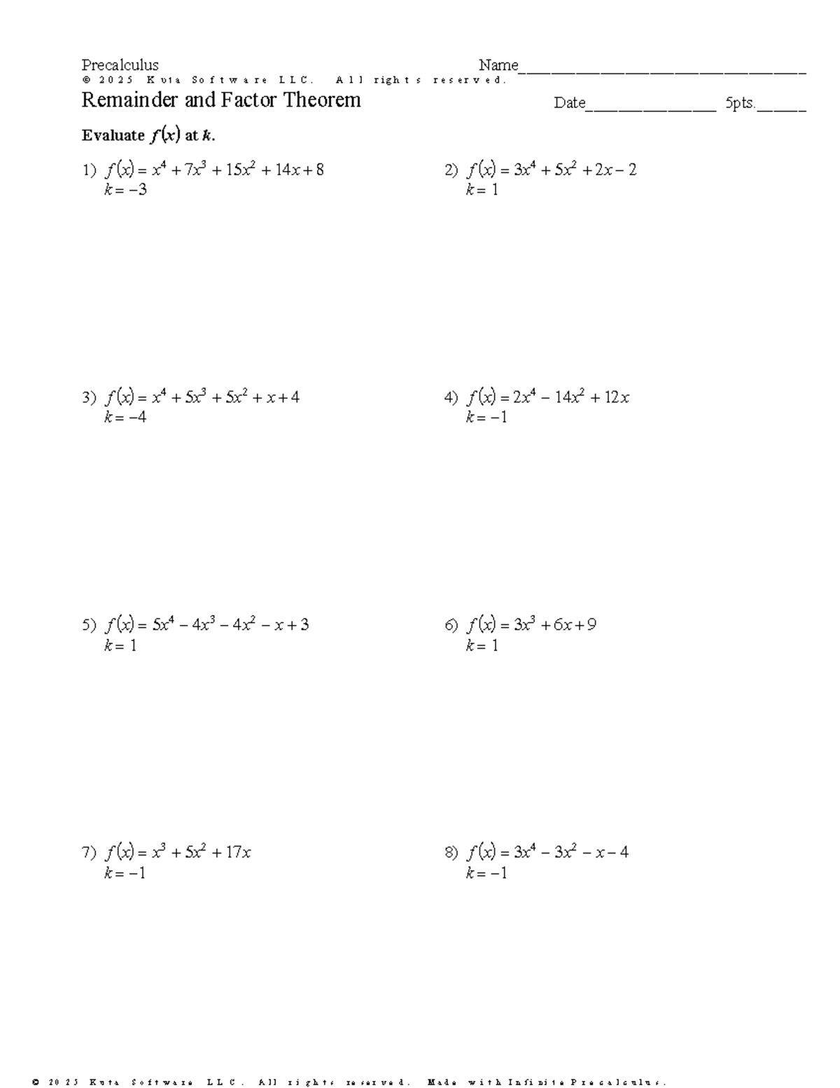 Precalculus L2Q0E2: Remainder and Factor Theorem Worksheet - Studocu