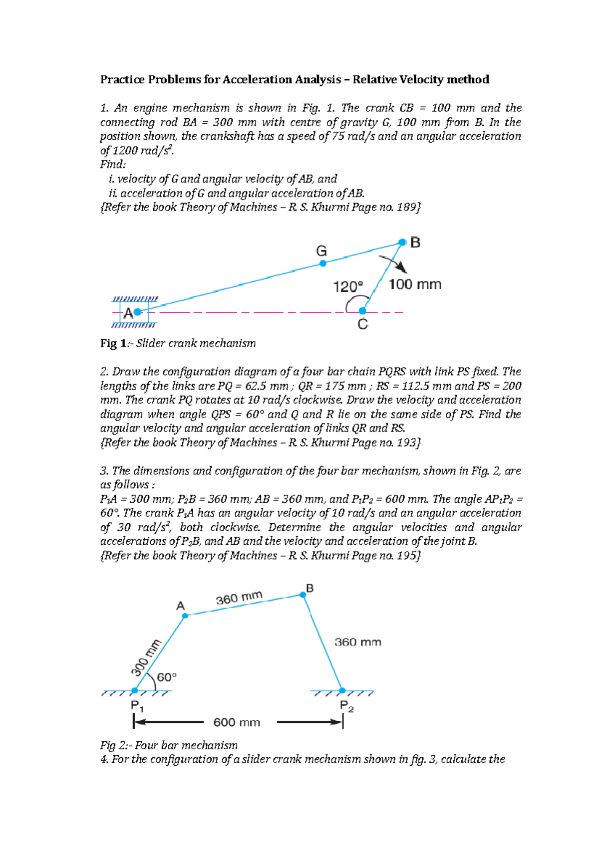 Practice Problems - TOM - Practice Problems for Acceleration Analysis – Relative Velocity method ...