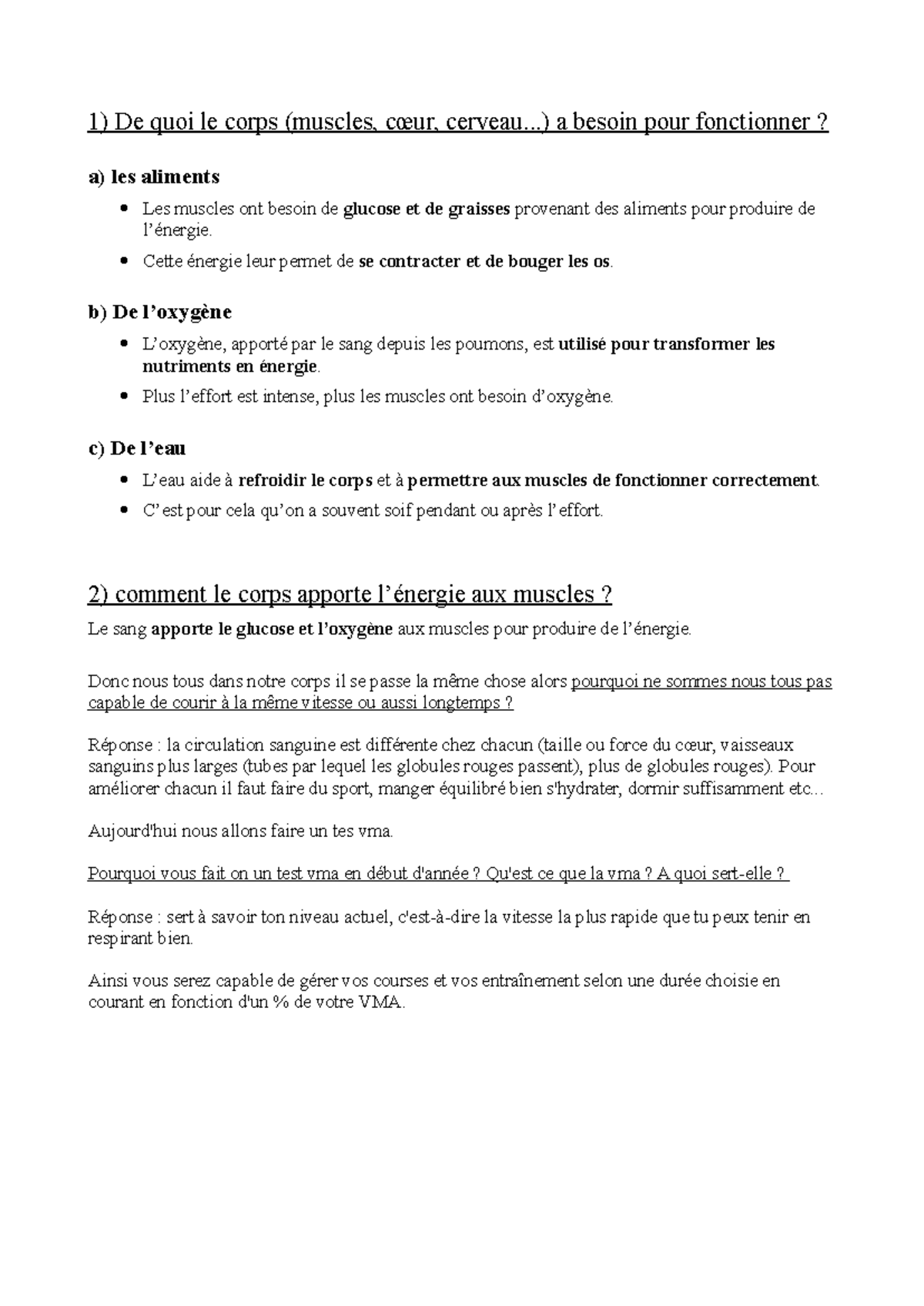 Fonctionnement du Corps Humain et Test VMA - Biologie 101 - Studocu