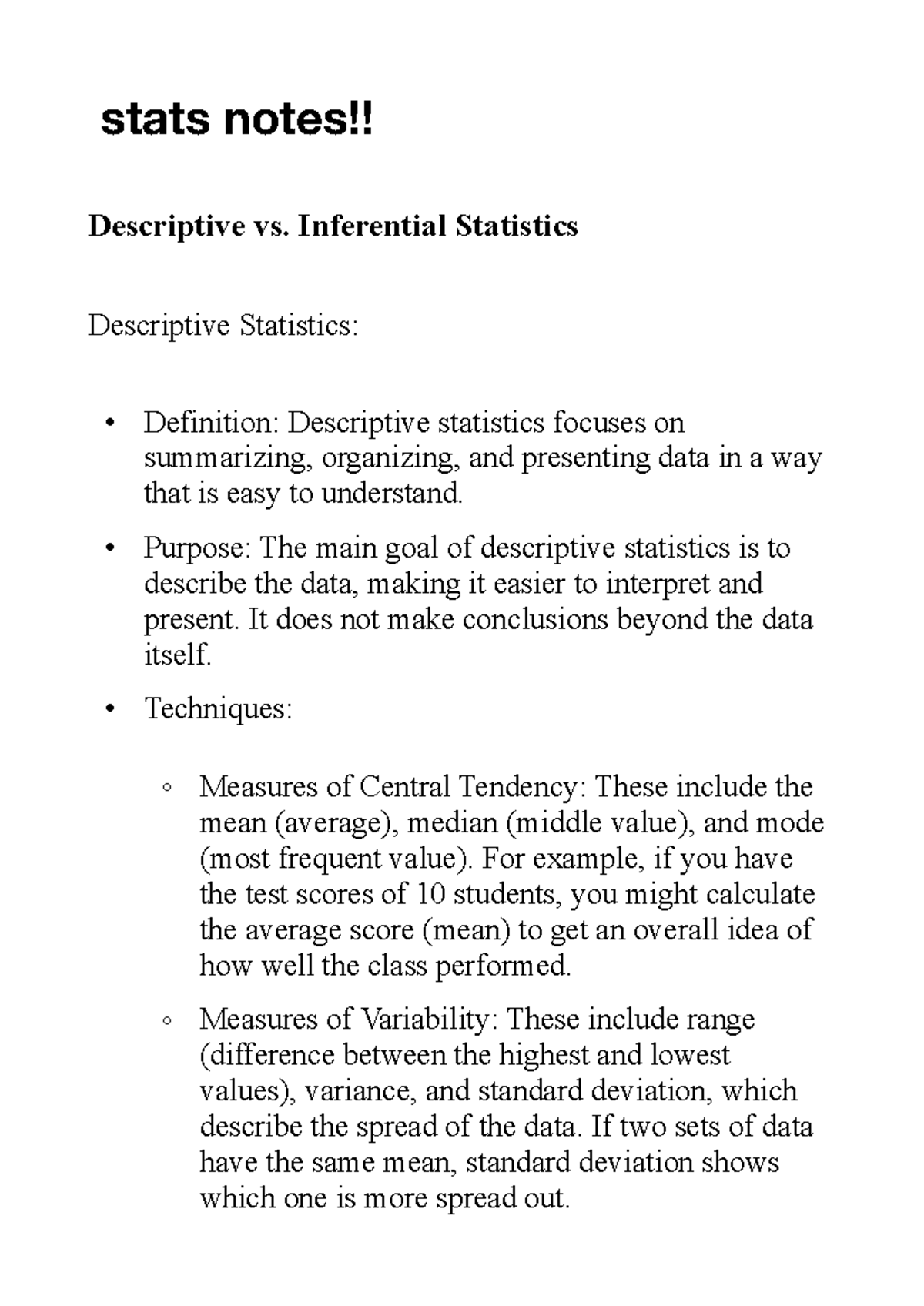 Stats Notes: Descriptive vs. Inferential Statistics Overview - Studocu