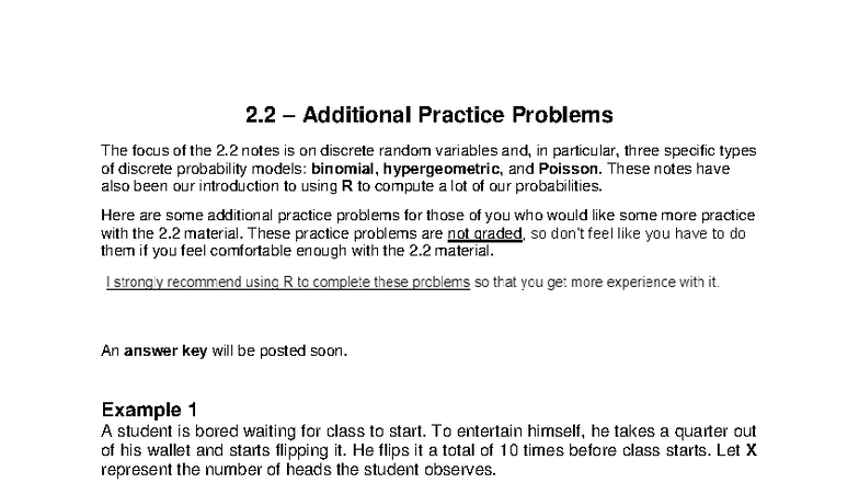 2.2 Additional Practice Problems on Discrete Random Variables - Studocu