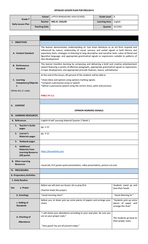 Grade 8 English Lesson Plan - Detailed Lesson Plan in English 8 GRADE 8 ...