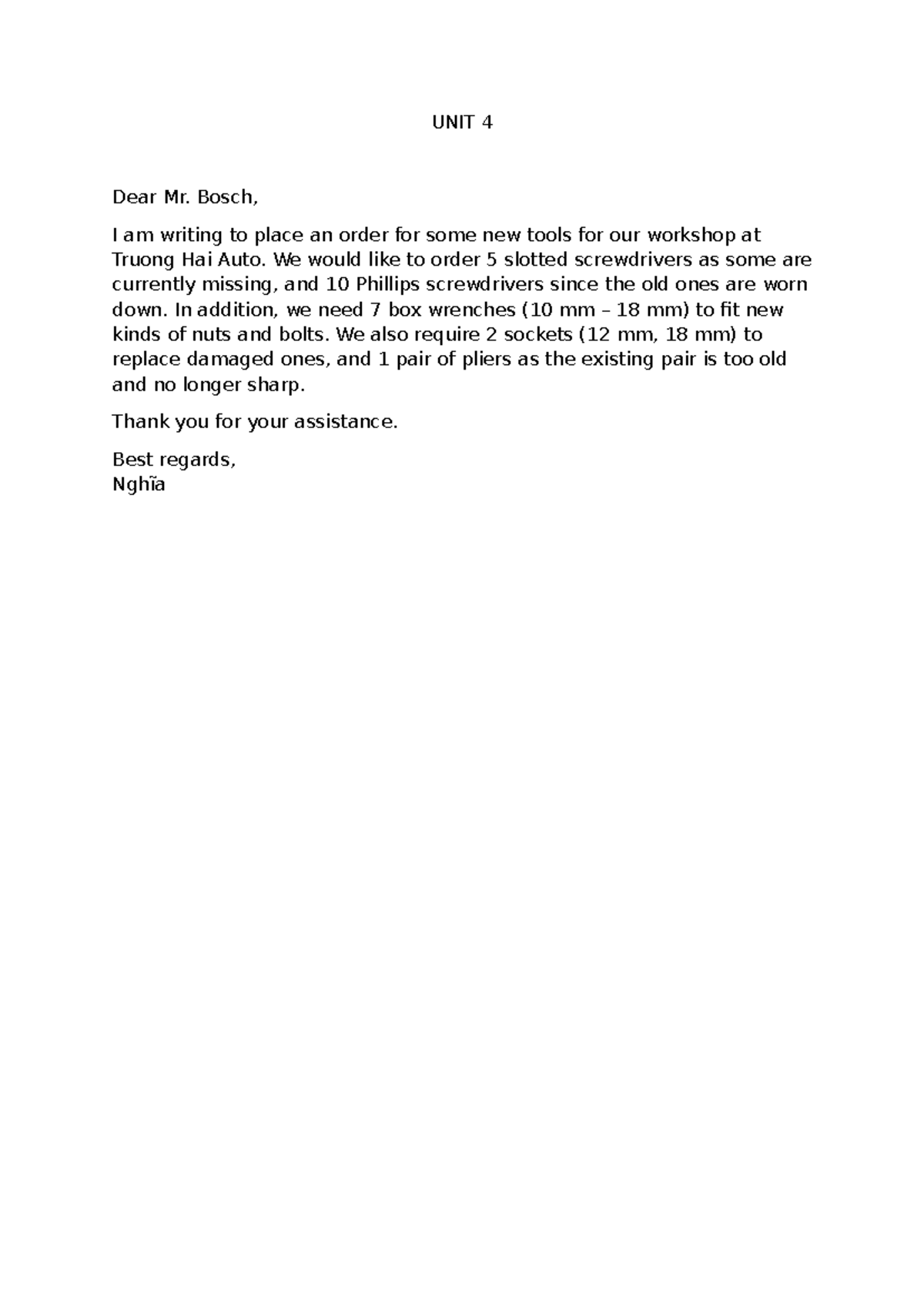 UNIT 4 - Tool Order Request for Truong Hai Auto - Studocu