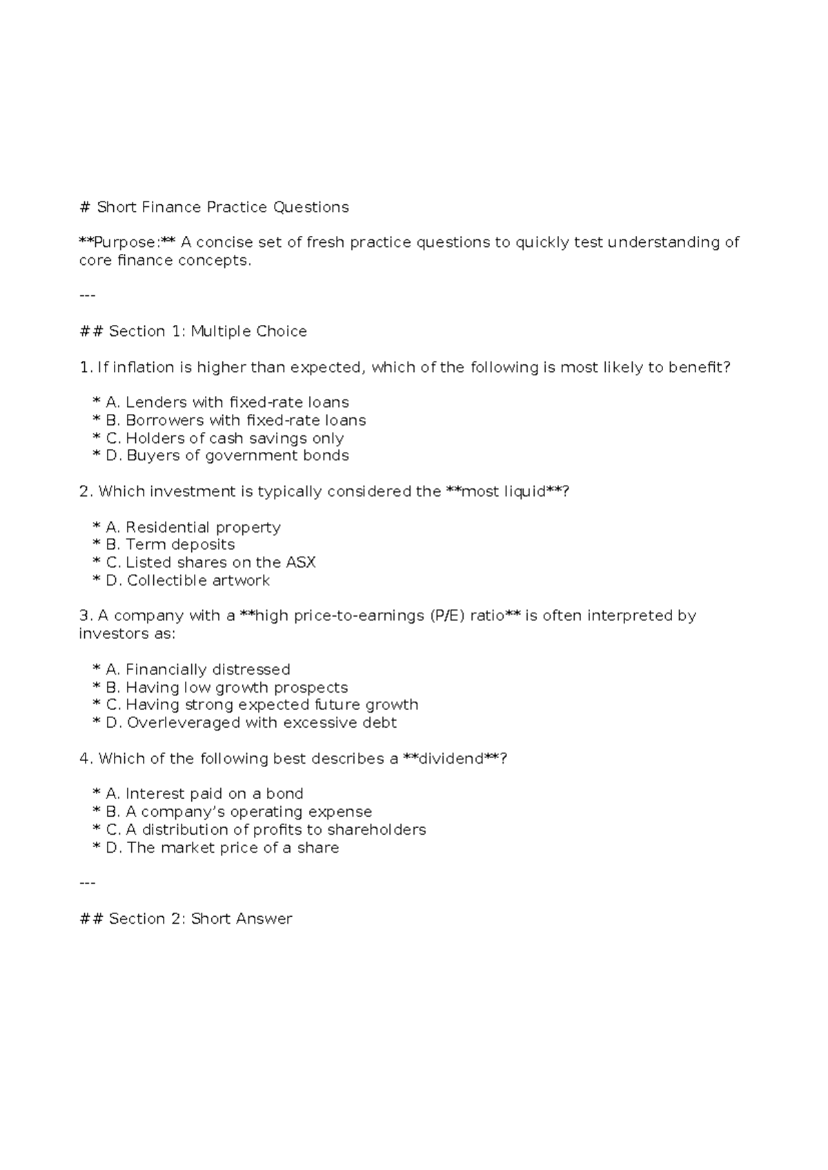 Finance 2 - Practice Questions for Core Concepts Review - Studocu