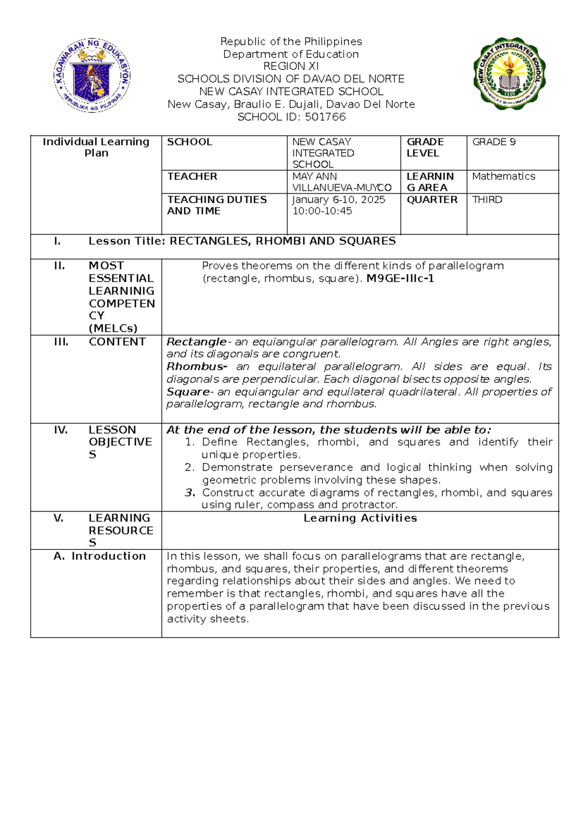 Math 9 Week 2 Q3 - Detailed Lesson Plan on Rectangles, Rhombi & Squares ...