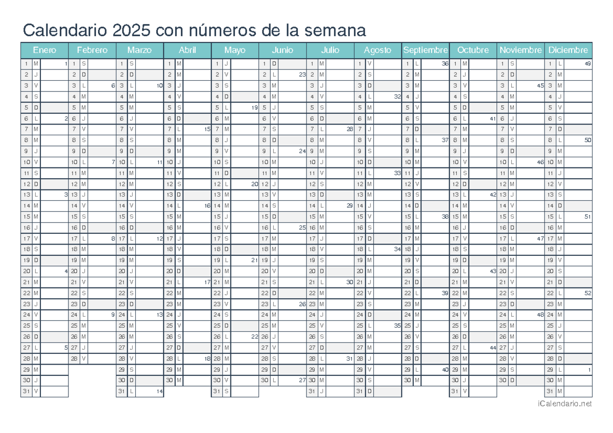Calendario 2025: Números de la Semana y Fechas Clave - Studocu