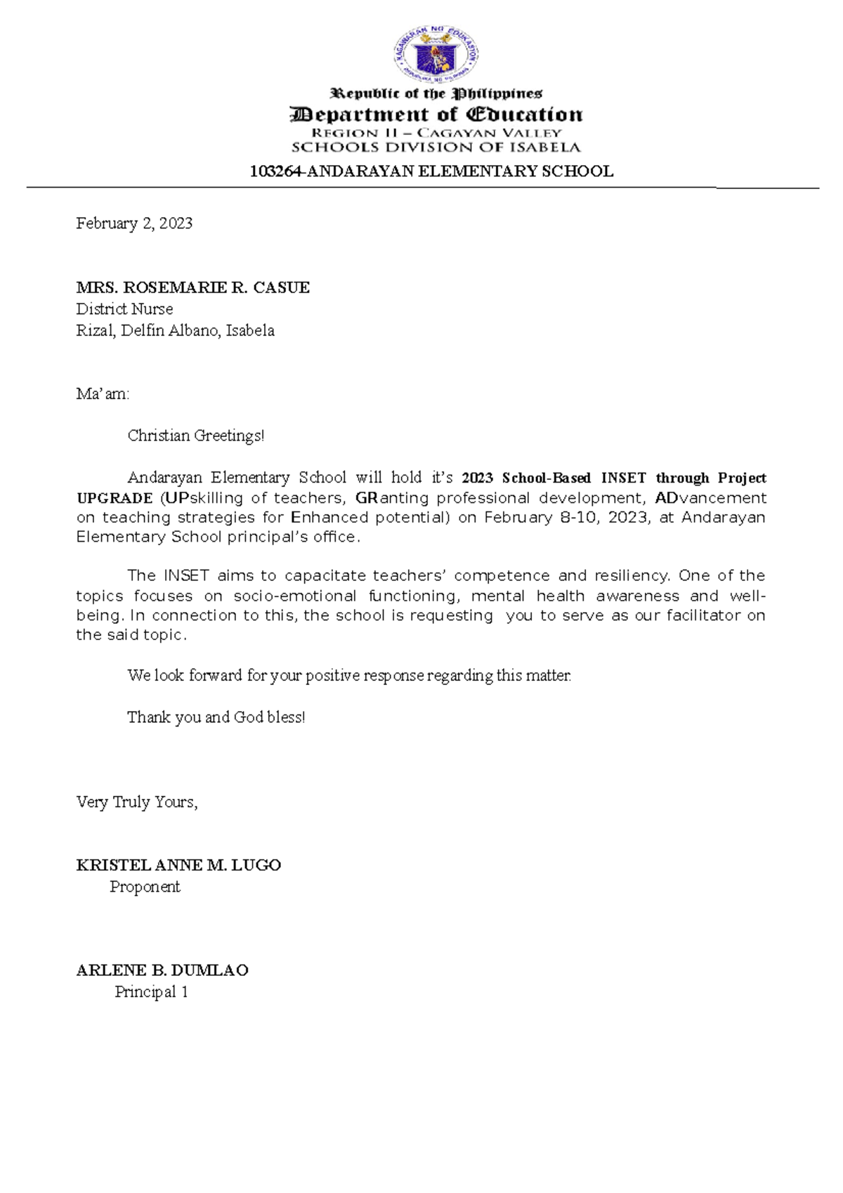 Letter of Invitation to Resource Speakers for INSET 2023 - Studocu