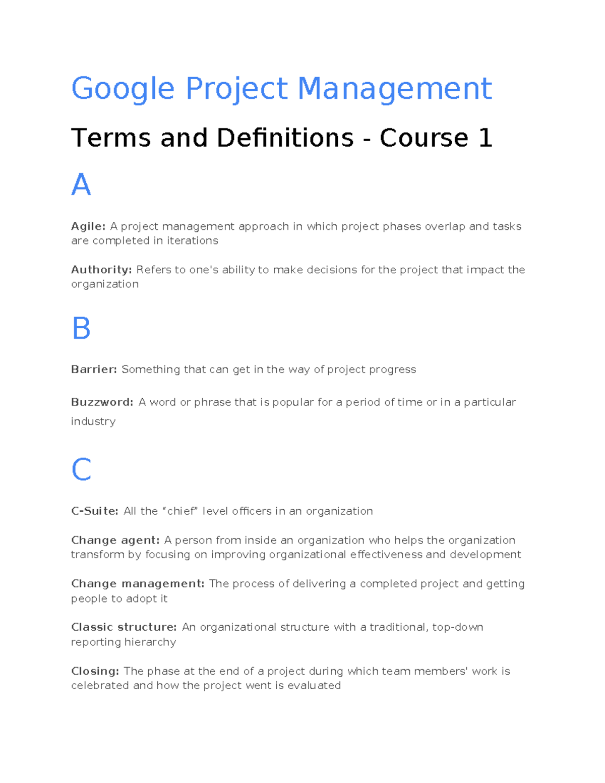 Google Project Management Course 1: Key Terms & Definitions - Studocu