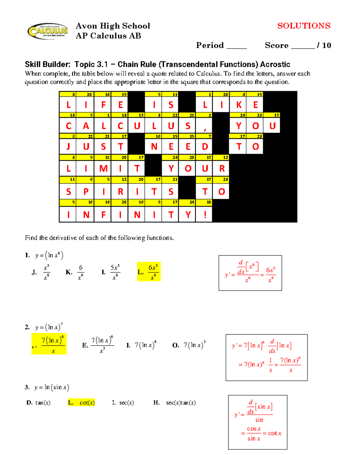 Topic 3.1 - Chain Rule: Acrostic Solutions for AP Calculus AB - Studocu