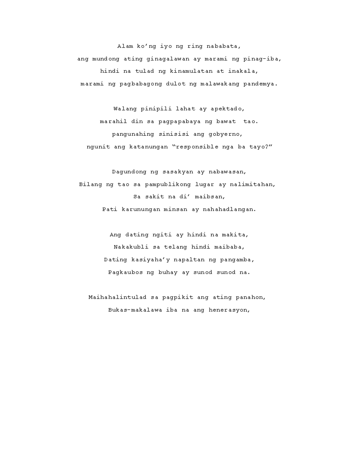 Tula sa filipino - notes - Alam ko’ng iyo ng ring nababata, ang mundong ...