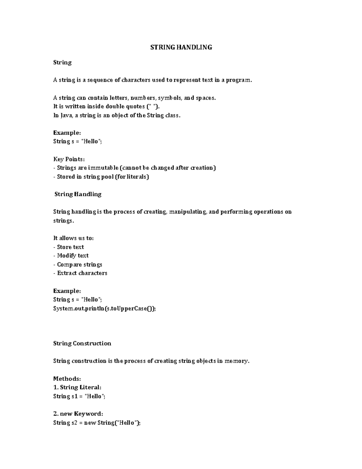 STRING HANDLING: Key Concepts and Operations in Java - Studocu