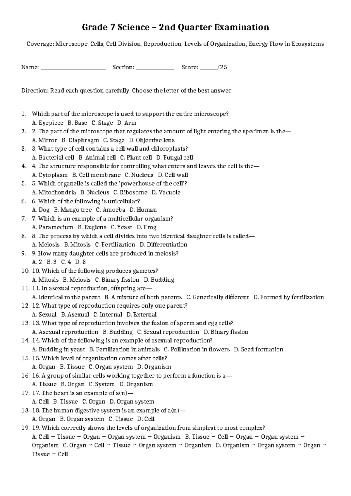 Grade 7 Science 2nd Quarter Exam: Microscope, Cells & Ecosystems - Studocu