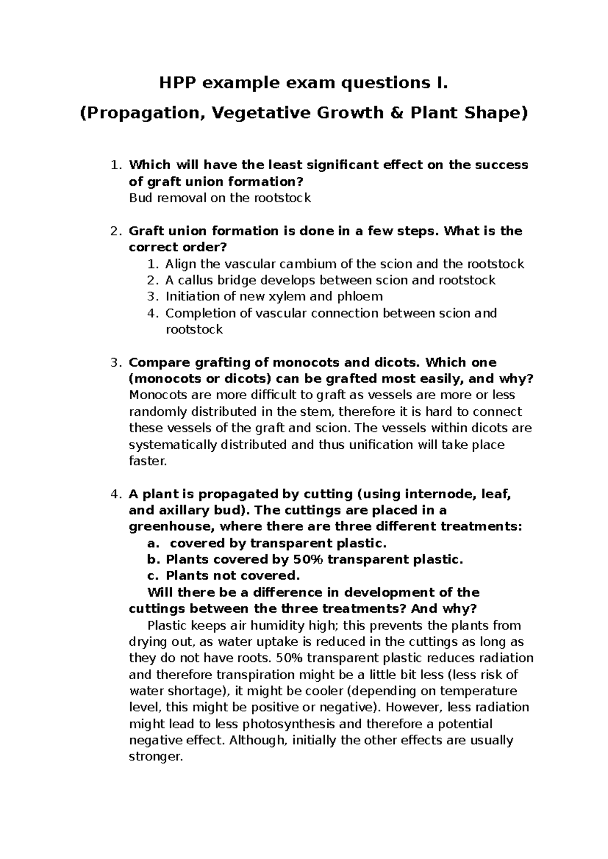 HPP Example Exam Questions I: Grafting, Propagation & Plant Growth ...