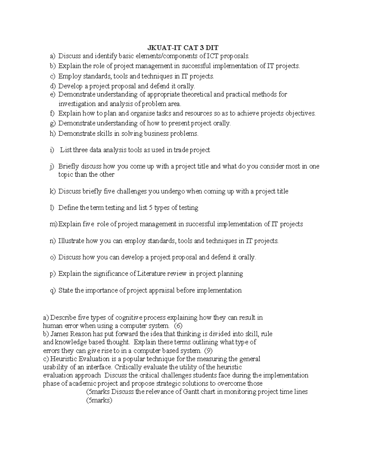 Jkuat DIT CAT 3 - ICT Proposals & Project Management Insights - Studocu