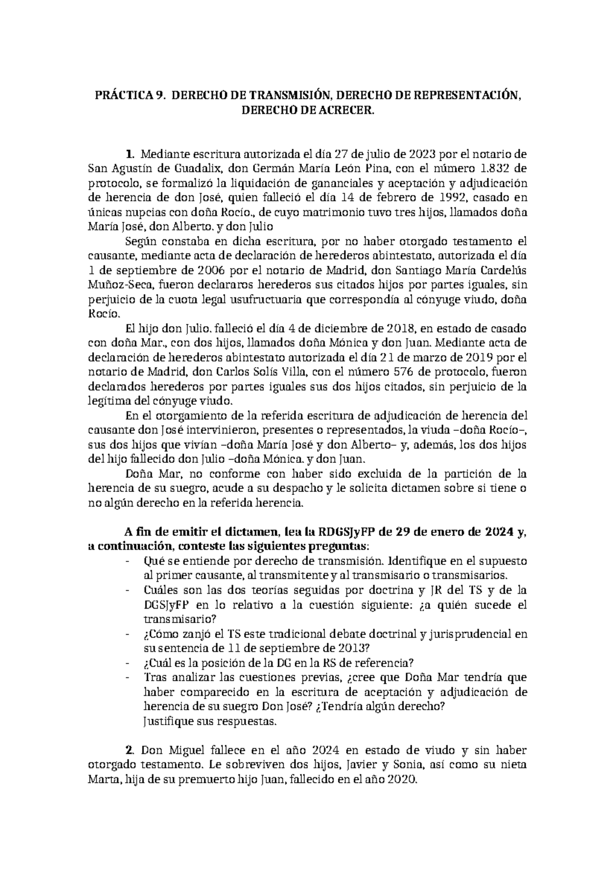 Práctica 9. Derecho de Transmisión, Representación y Acrecer - Egela I ...