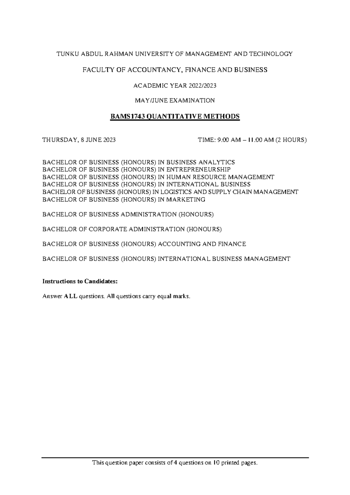 BAMS1743 QP 202301 - Quantitative Methods Exam Summary and Analysis - Studocu
