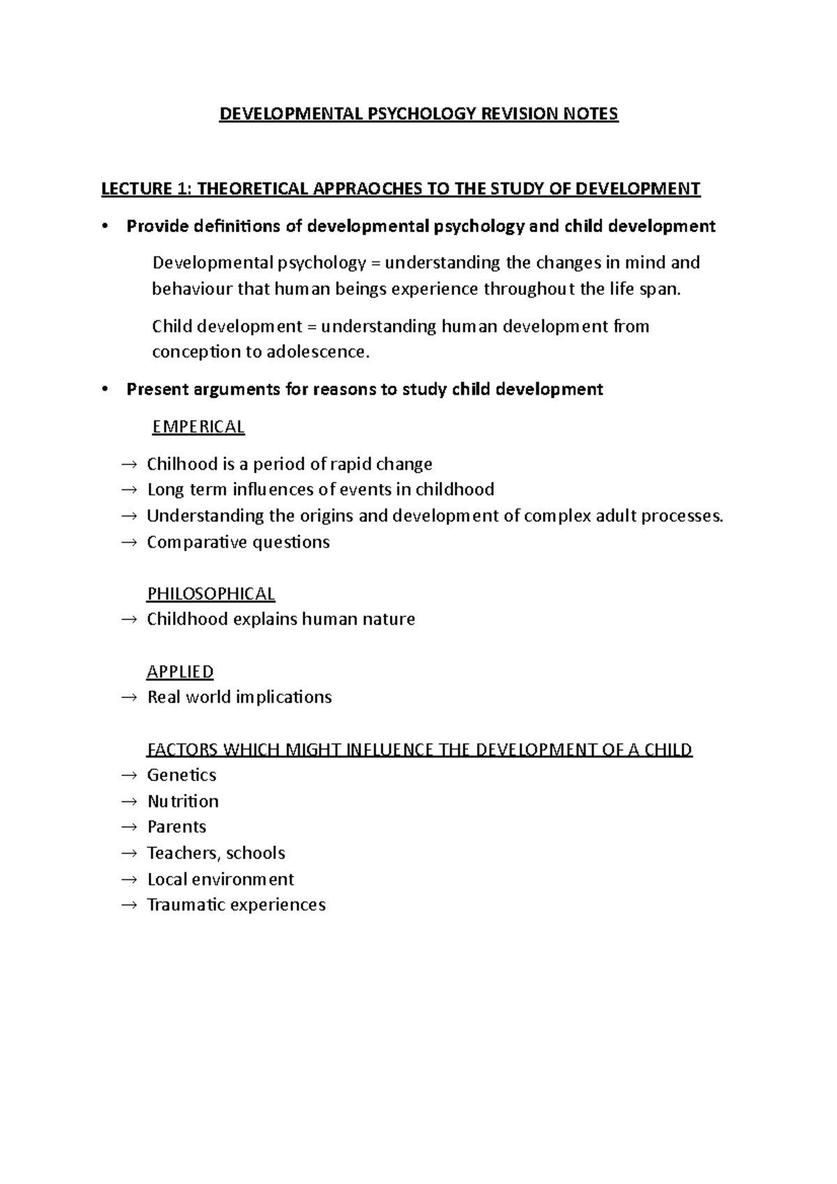 Developmental Psychology Revision Notes: Key Theories & Concepts - Studocu