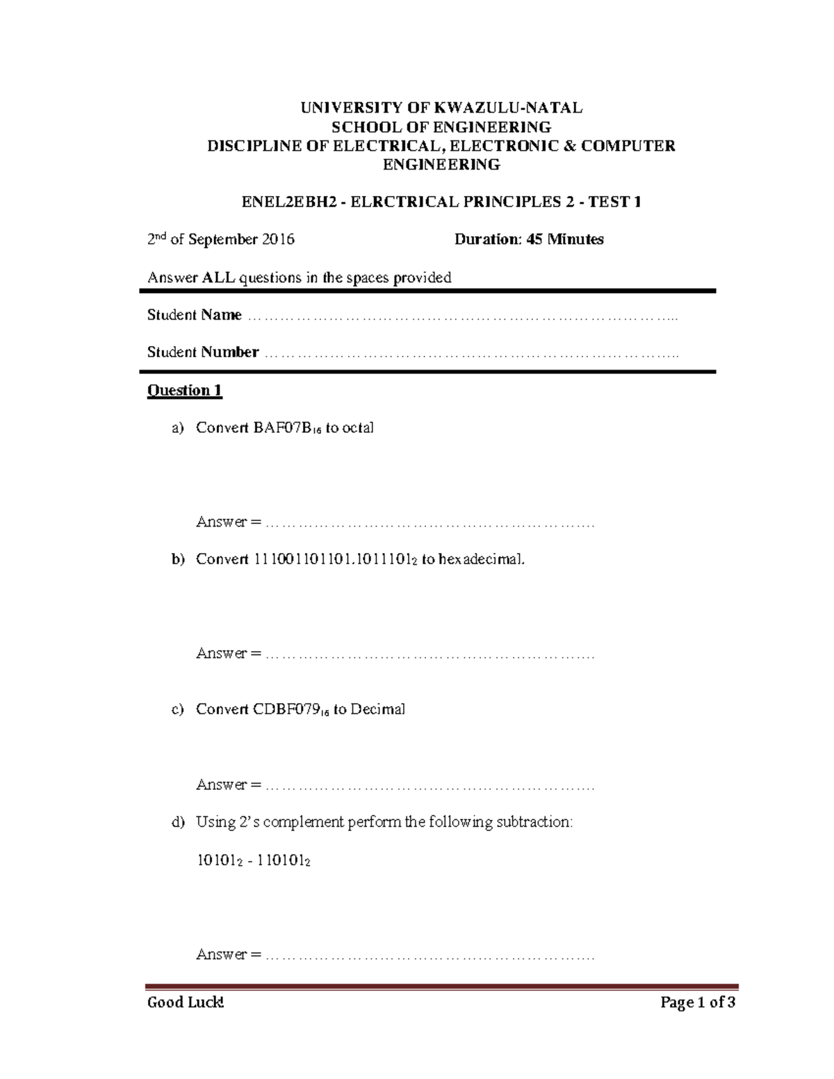 ENEL2EBH2 Electrical Principles 2 Test 1 - Past Paper 2016 - Studocu