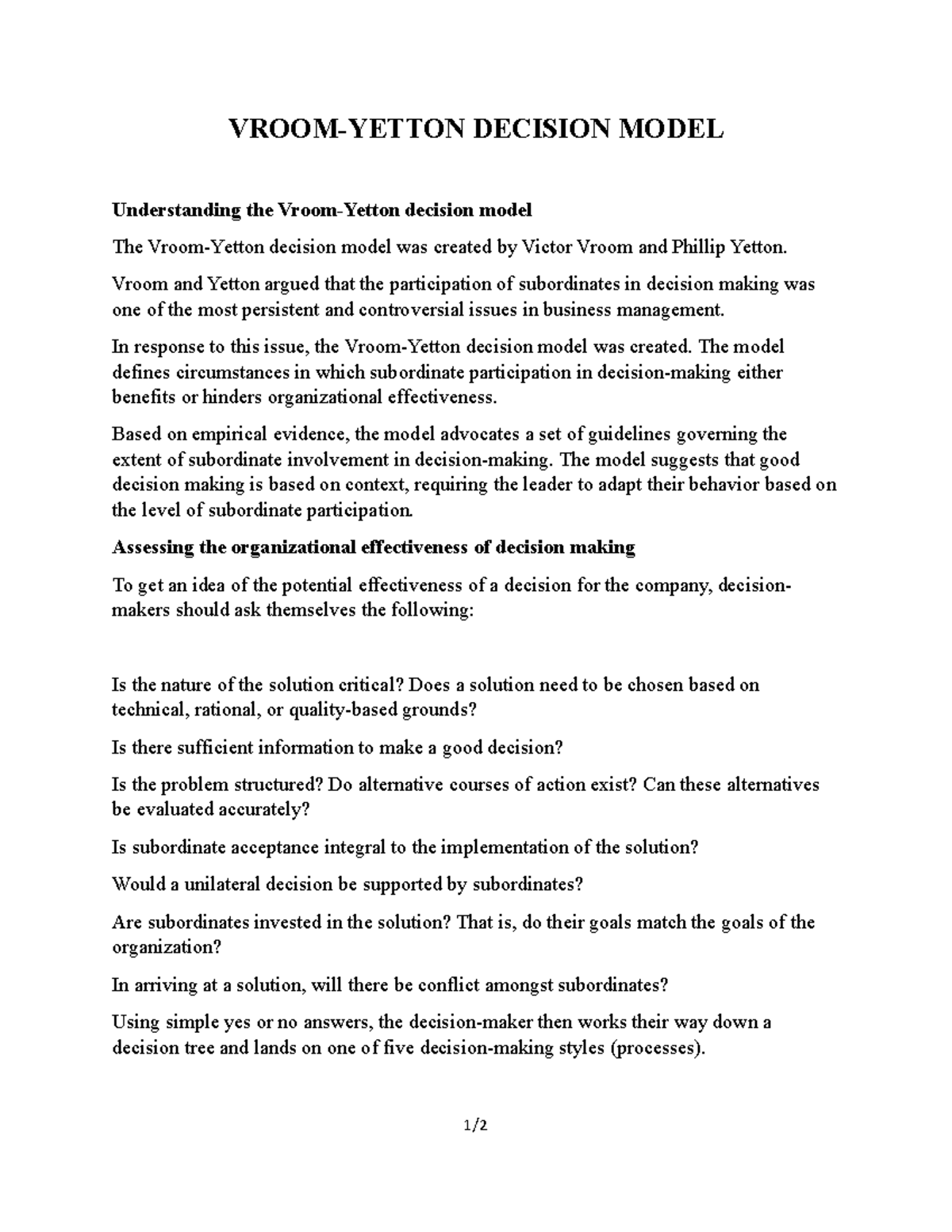 Management Final TEST support- 2022 - VROOM-YETTON DECISION MODEL ...