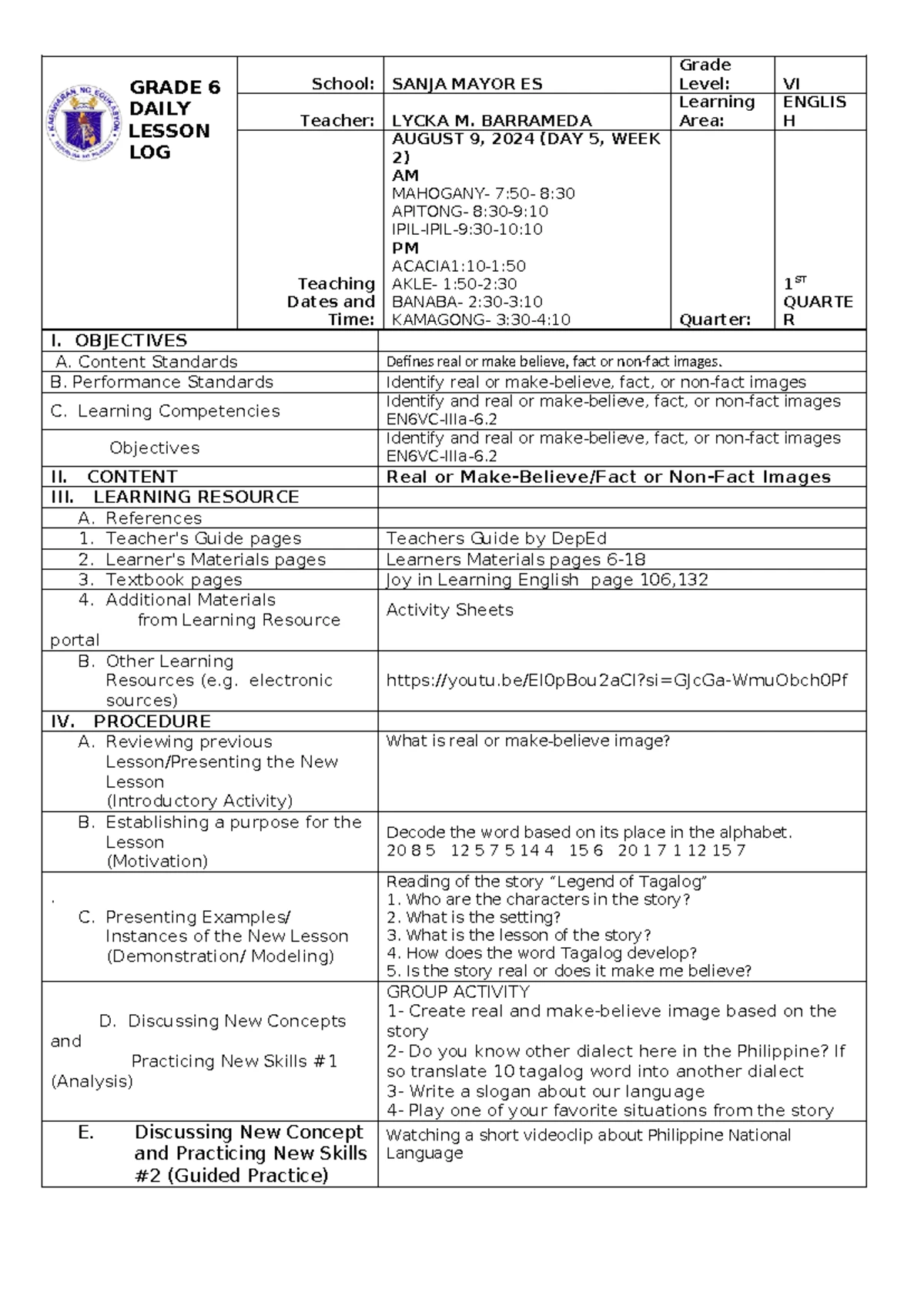 DLL English-6 Q1 W3 - Daily Lesson Log for Week 3 of the First Quarter ...