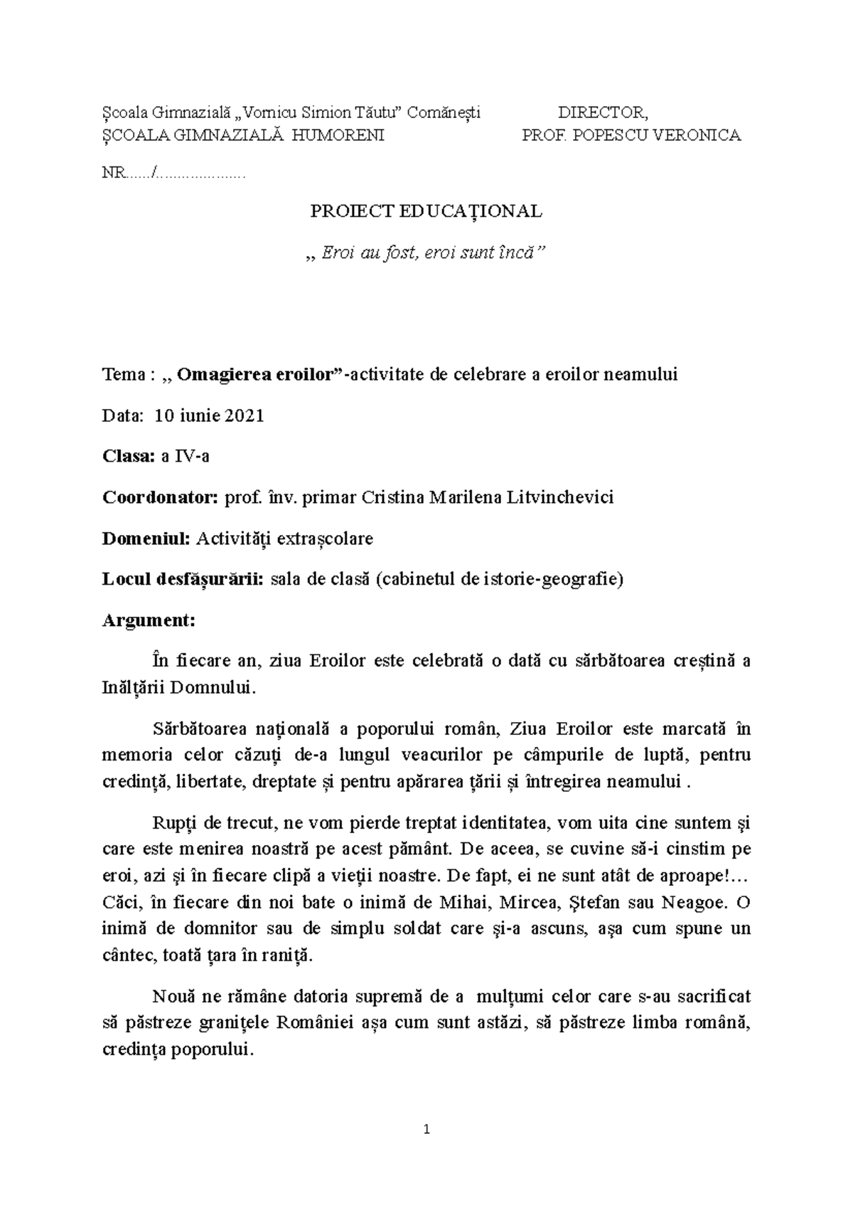 Proiect educațional Ziua Eroilor - activități pentru clasa a IV-a - Studocu