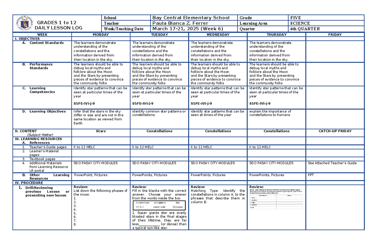 DLL WEEK 6-Q4 Science 5 - Constellations and Star Patterns Log - Studocu