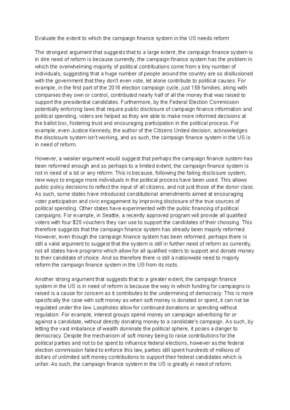 Evaluating the Need for Reform in the US Campaign Finance System - Studocu