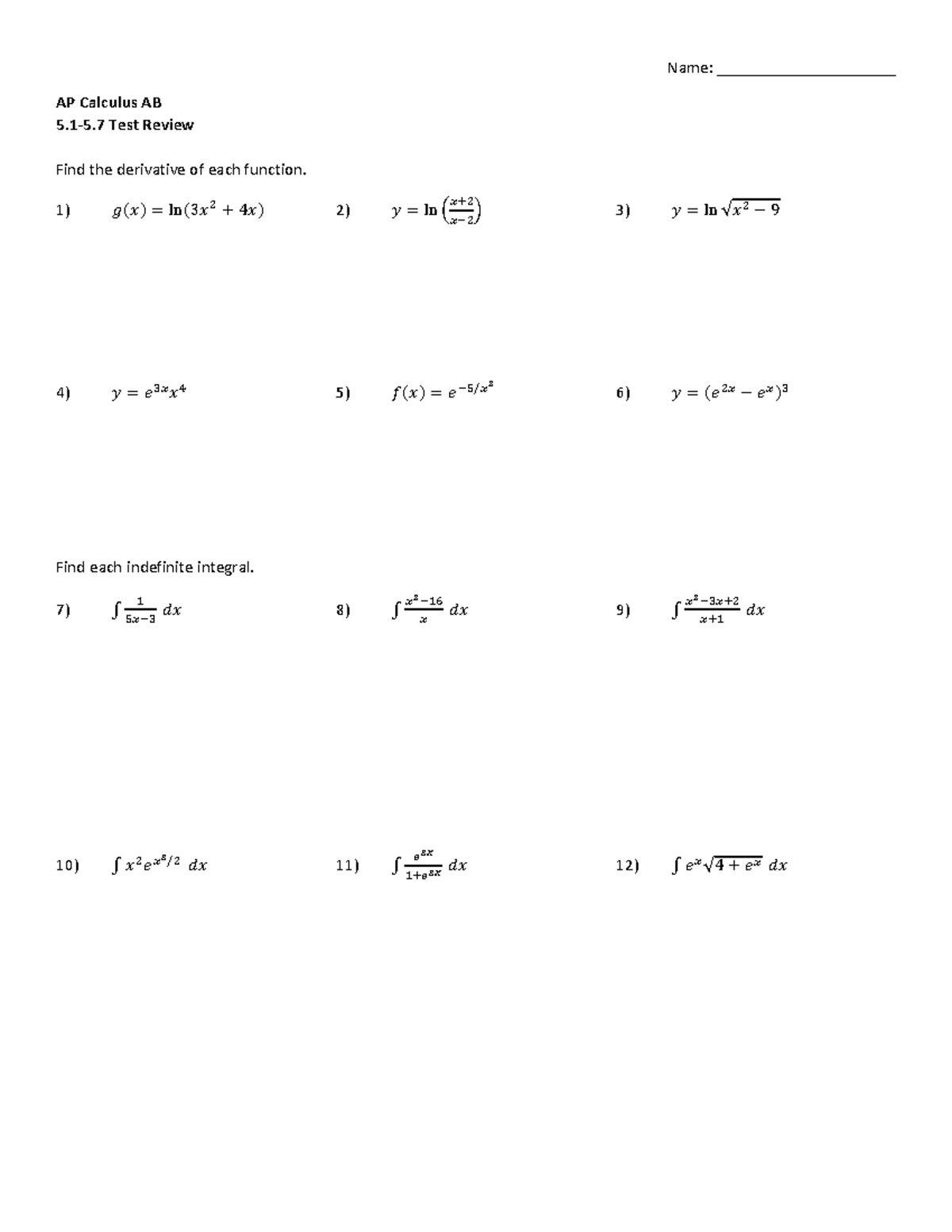 AP Calculus AB Test Review: Derivatives & Integrals Practice - Studocu