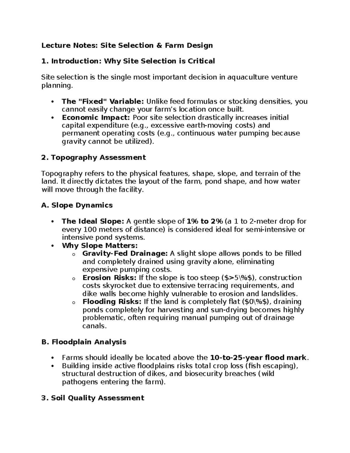 Lecture Notes: Site Selection & Farm Design (Aquaculture) - Studocu