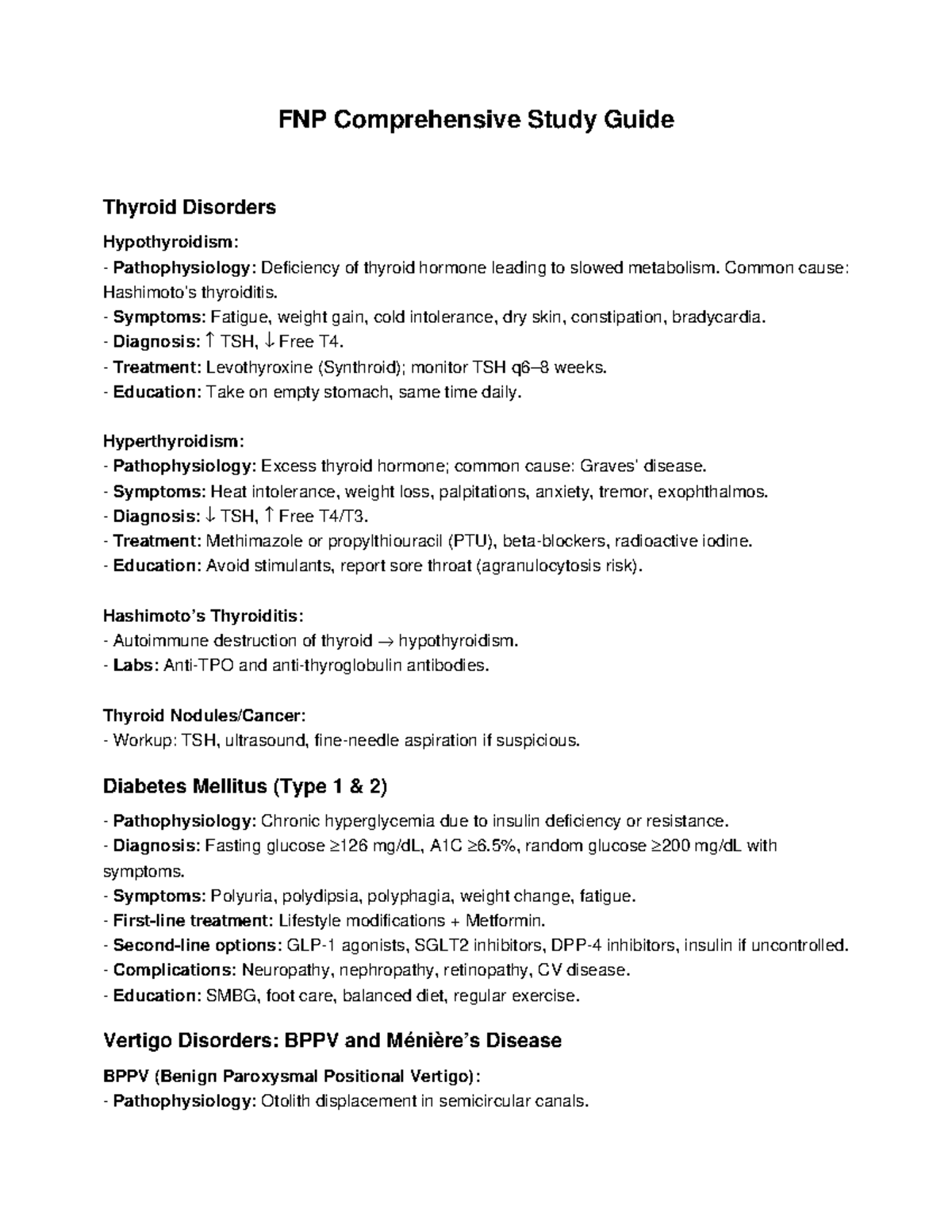 FNP Comprehensive Study Guide: Thyroid, Diabetes, and Vertigo Disorders ...