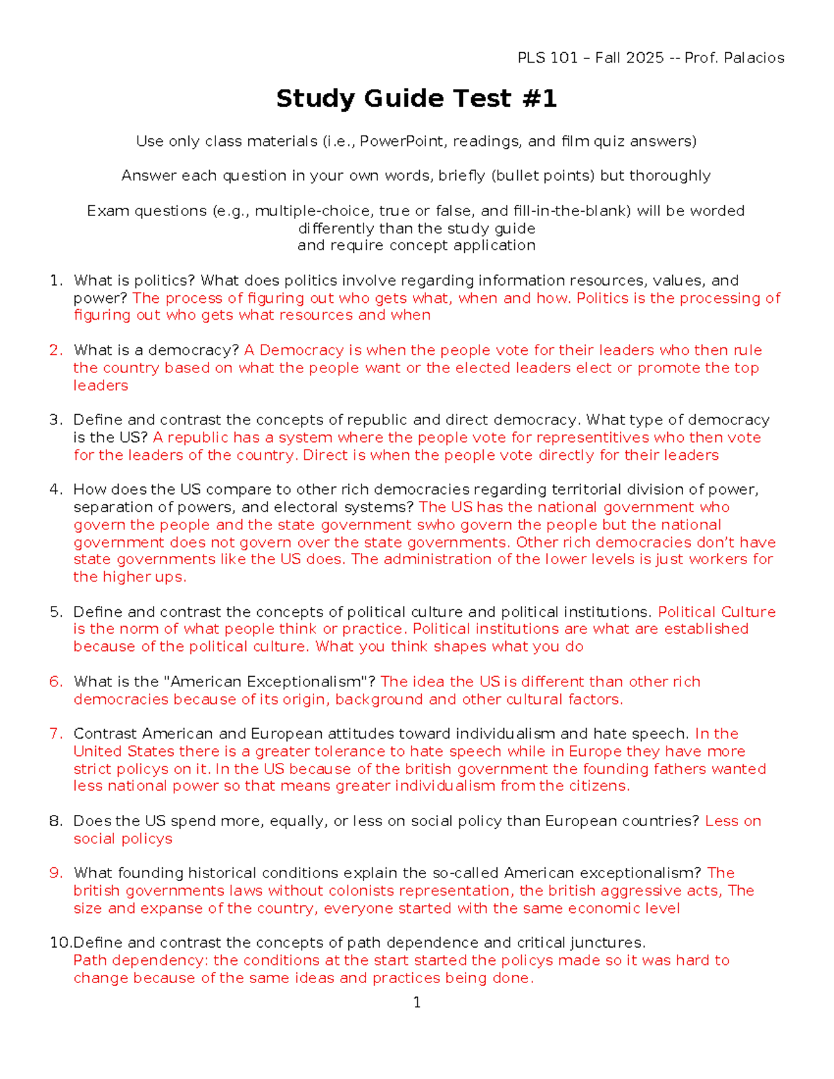 PLS 101 Study Guide for Test #1 - Fall 2025 - Prof. Palacios - Studocu
