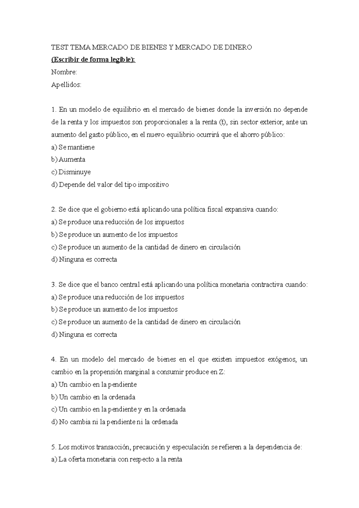 TEST Mercado DE Bienes - TEST TEMA MERCADO DE BIENES Y MERCADO DE ...