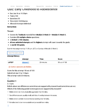 HSCO502 Quiz 2 Early Childhood to Adolescence - Question 1 2 / 2 pts ...