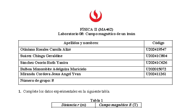 Reporte de Laboratorio 08 de Física II (MA462): Campo Magnético - Studocu