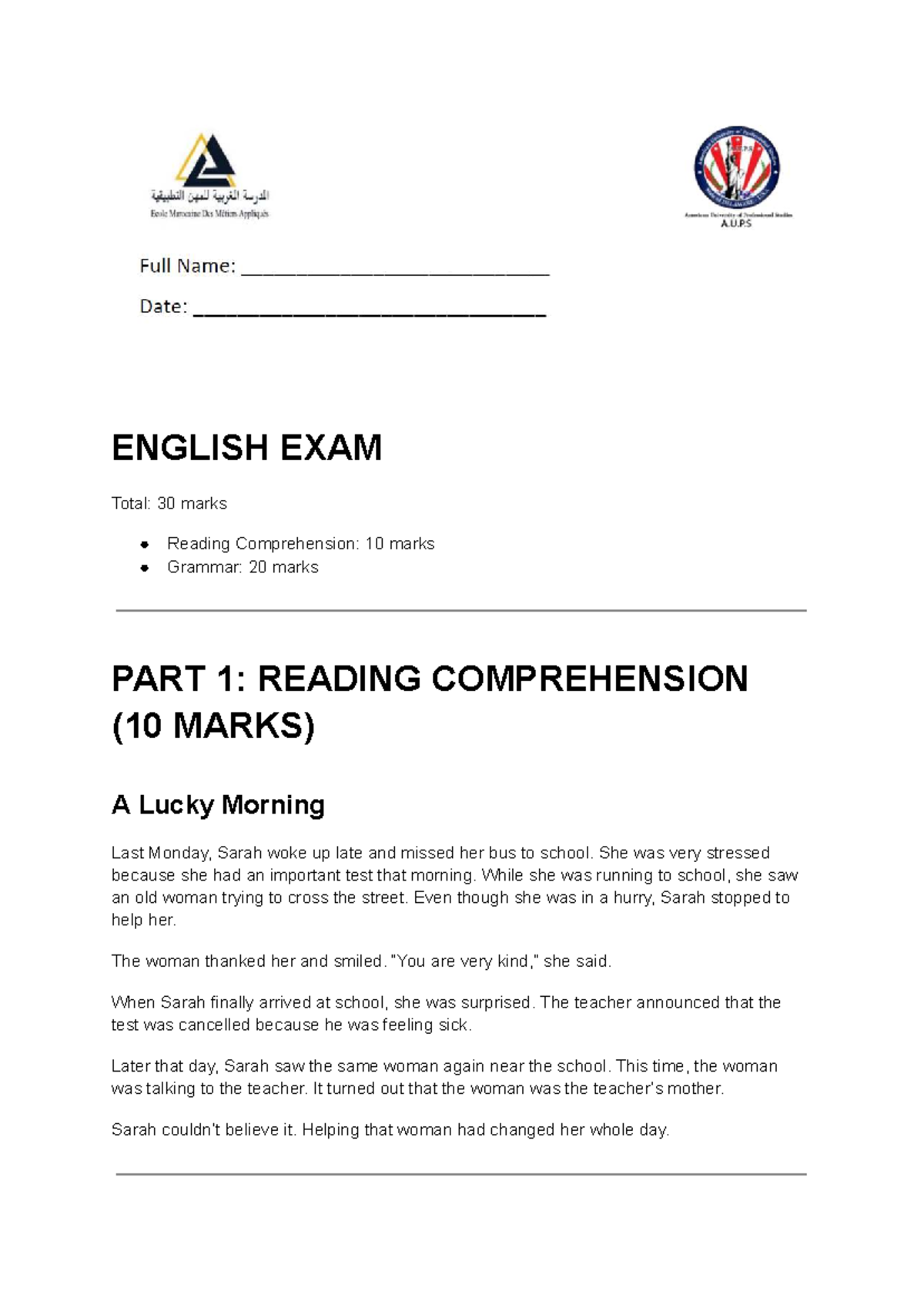 ENGLISH 30 MARKS EXAM: READING COMPREHENSION & GRAMMAR - Studocu