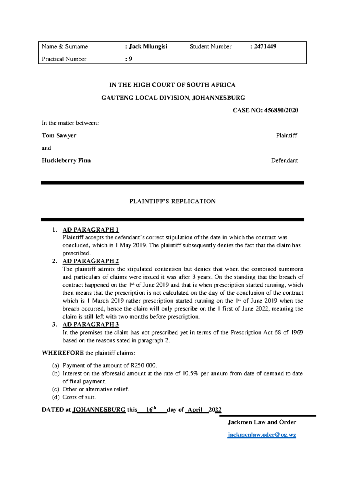 Practical 9: Plaintiff's Replication in Case No: 456880/2020 - Studocu