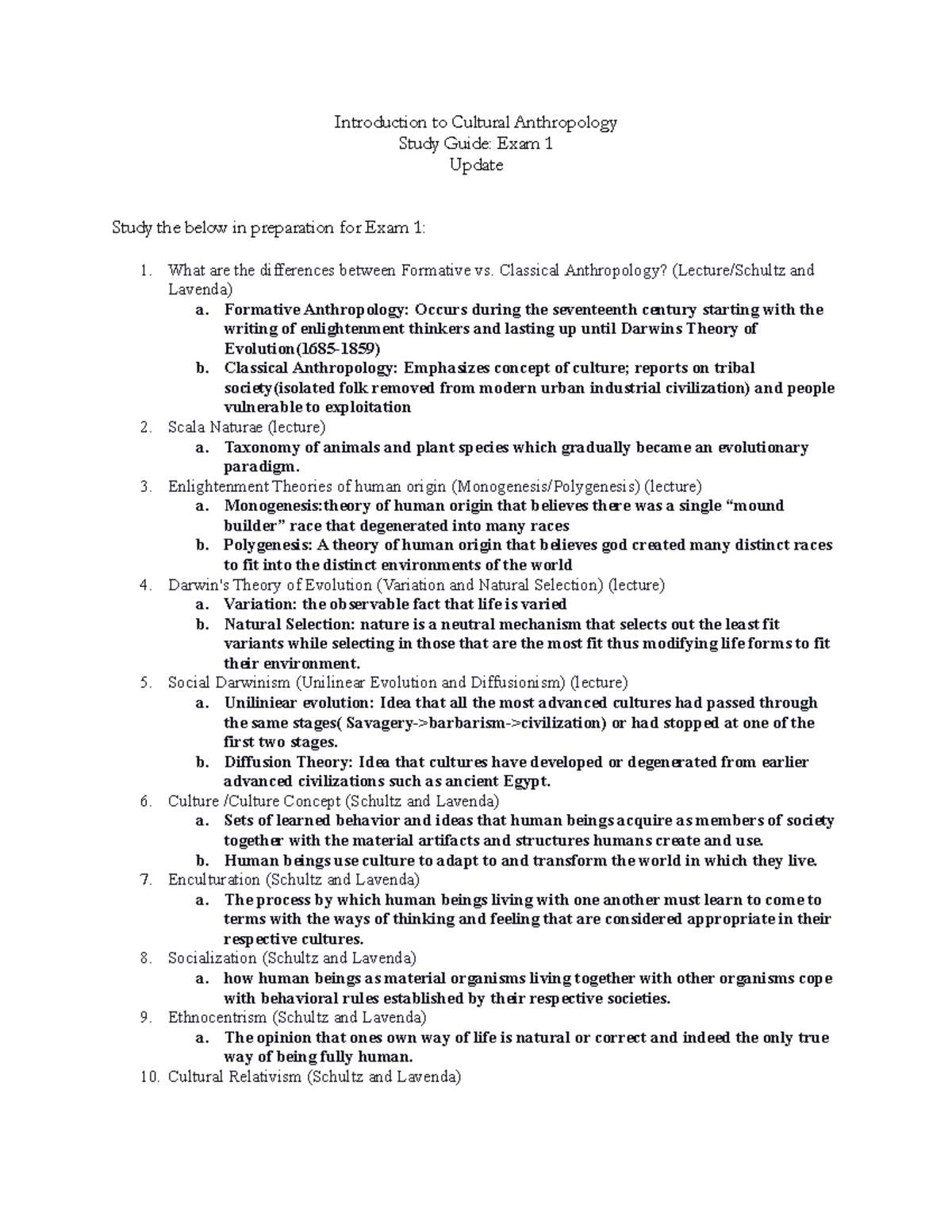 ANTH 101: Exam 1 Study Guide for Introduction to Cultural Anthropology ...