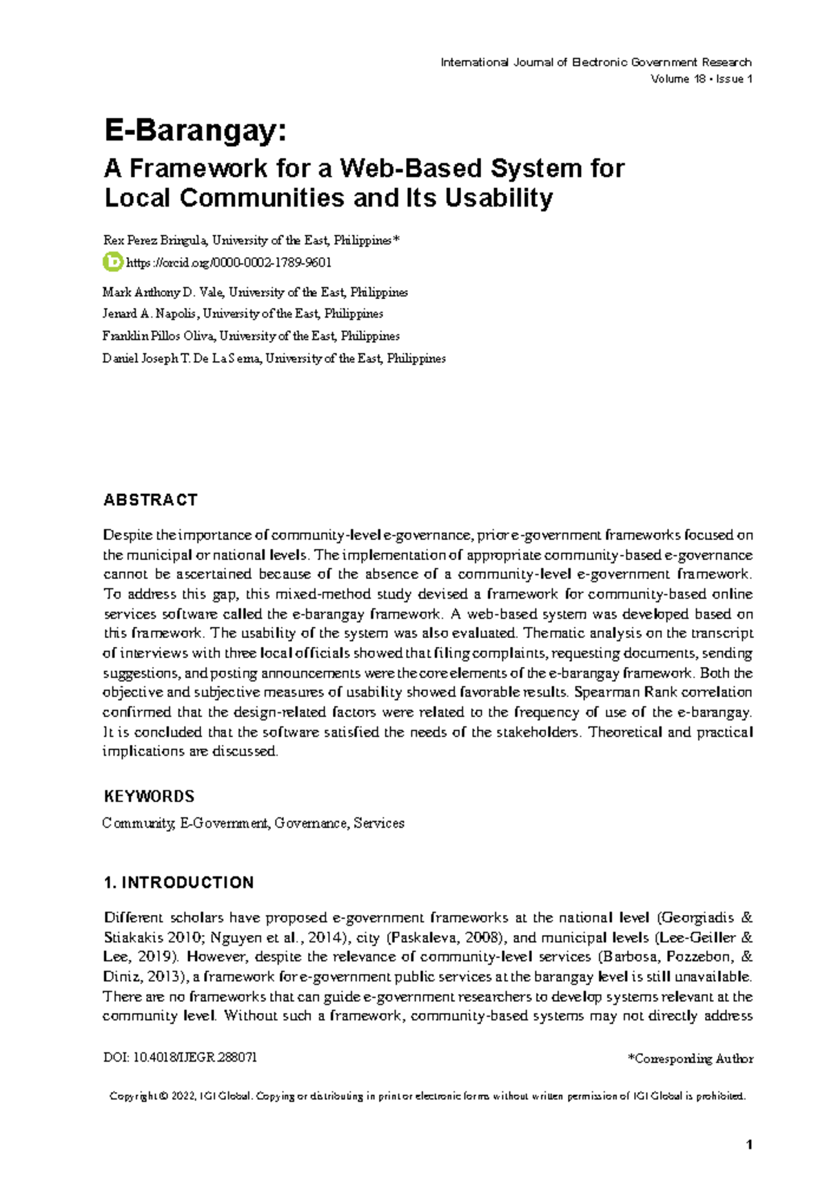 E-Barangay A Framework for a Web-Based System for - DOI: 10/IJEGR. Volume 18 • Issue 1 Copyright ...