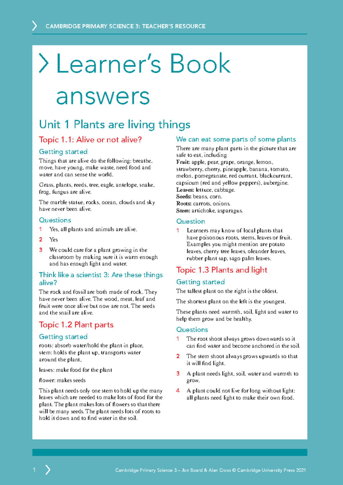 CAMBRIDGE PRIMARY SCIENCE 3: RESOURCE Book Answers for Unit 1 Plants ...